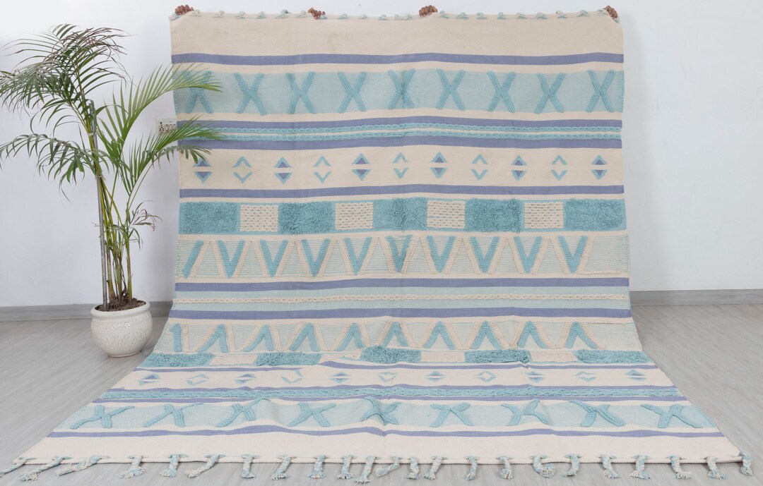 Soft Blue Beige Boho Chic Handwoven Cotton Rug, Moroccan Inspired ...