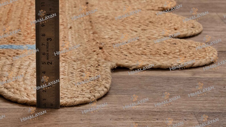 Jute Scallop Single Light Blue Border Handmade Boho Rug | Etsy