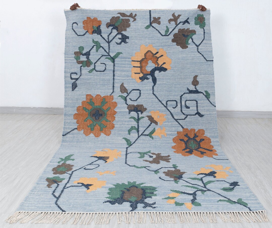 Blue Flower Design Jute Flatweave Premium Rug Hand Woven Decor Inspired ...