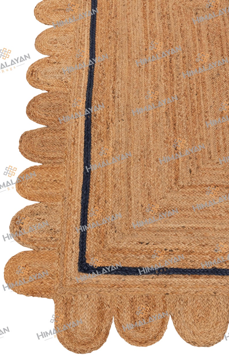 Navy Jute Scallop Single Border Handmade Boho Rug Customize - Etsy