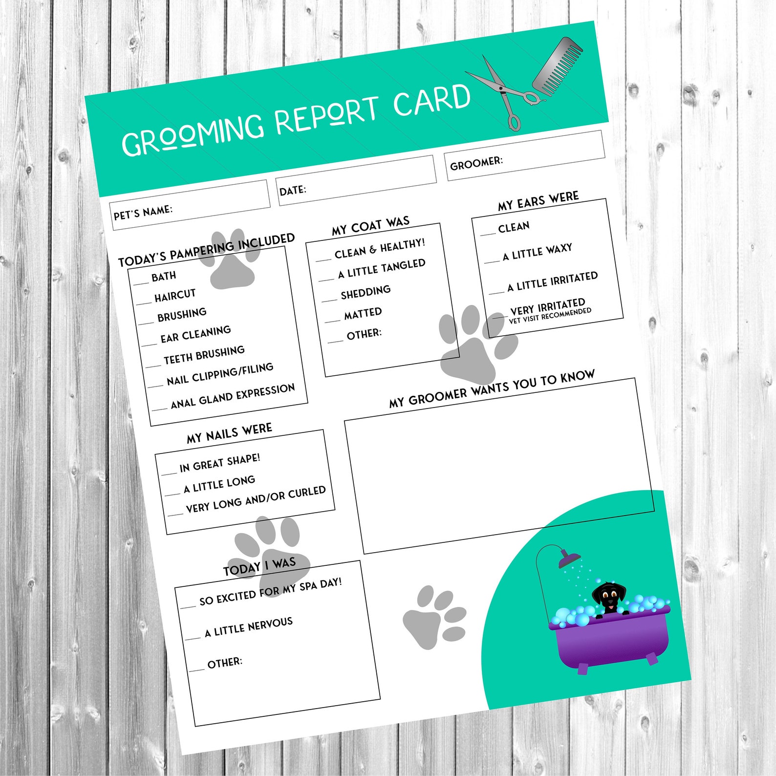Dog Grooming Report Card, Instant Download, PDF - Etsy
