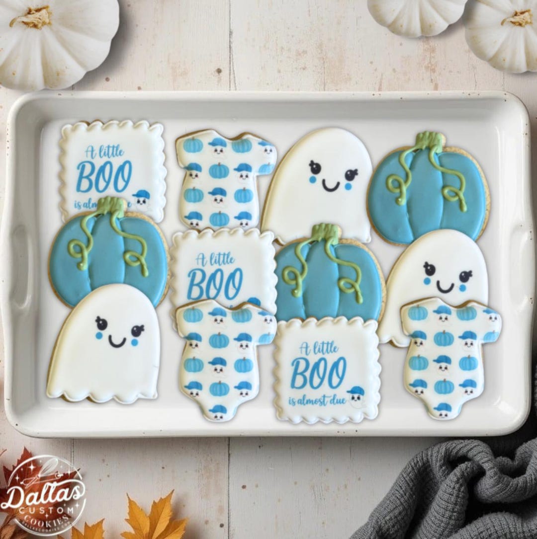 12 Count A Little Boo is Due Blue Pumpkin October Ghost Boy Baby Shower ...