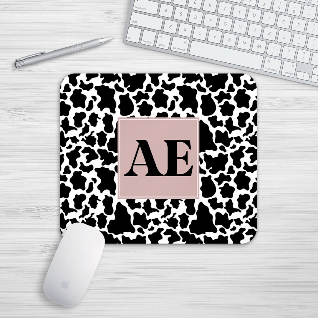 Personalised Cow Print Mouse Mat Initials Pink Rectangle or Round ...