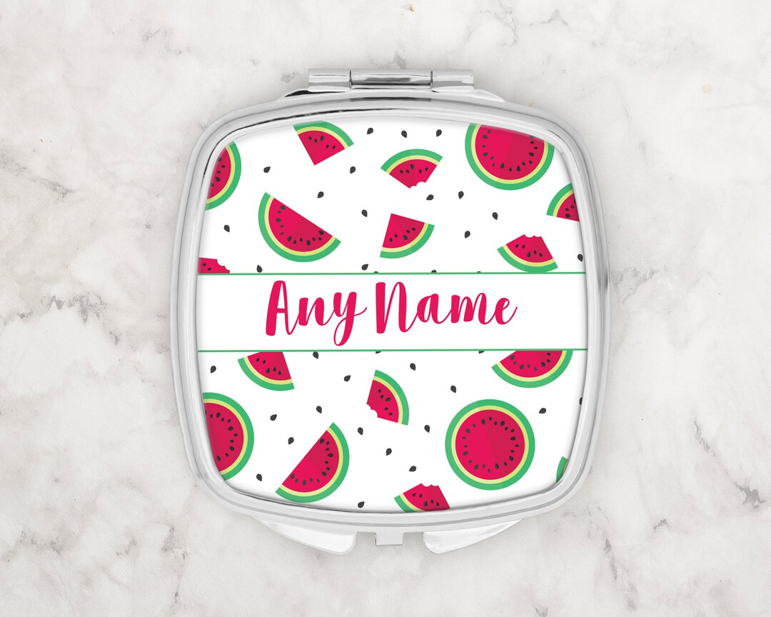 Personalised Silver Compact Pocket Mirror Watermelon Print Custom Name ...