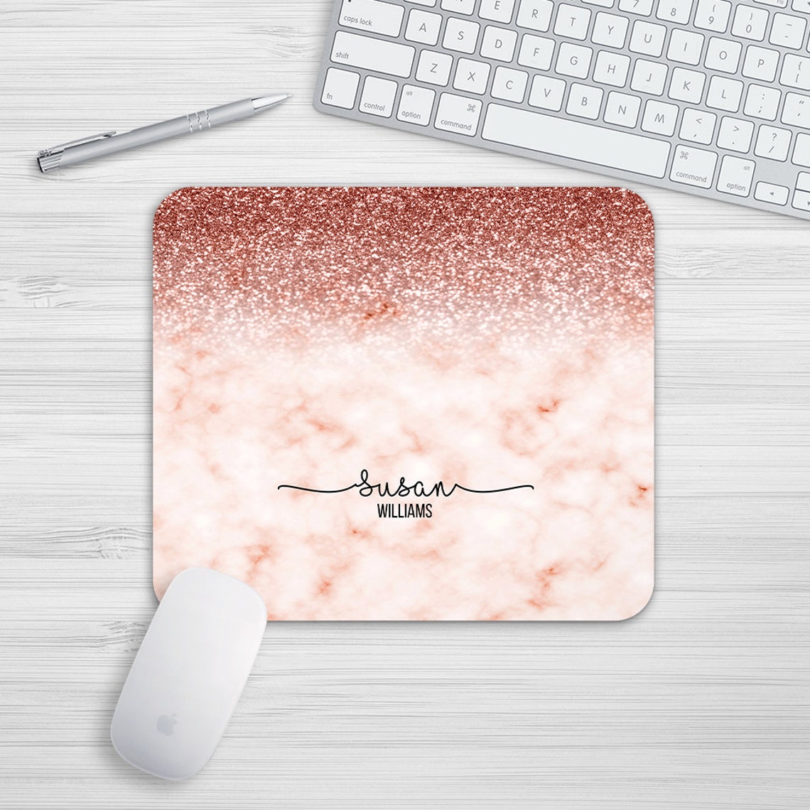 Personalised Glitter Effect Pink Mouse Mat Rectangle or Round Mousepad ...