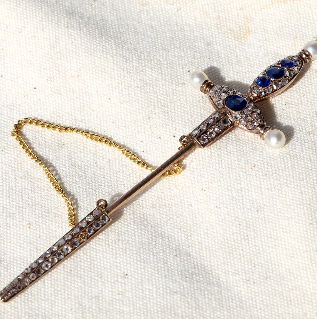 Victorian Sapphire Diamond and Pearl Jabot Sword Pin 15ct Rose Gold - Etsy