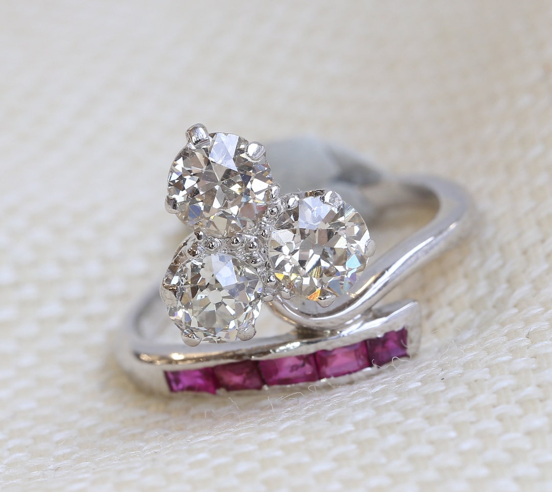 Deco Diamond Ring - Art Deco Trefoil Diamond and Ruby Ring in Platinum ...