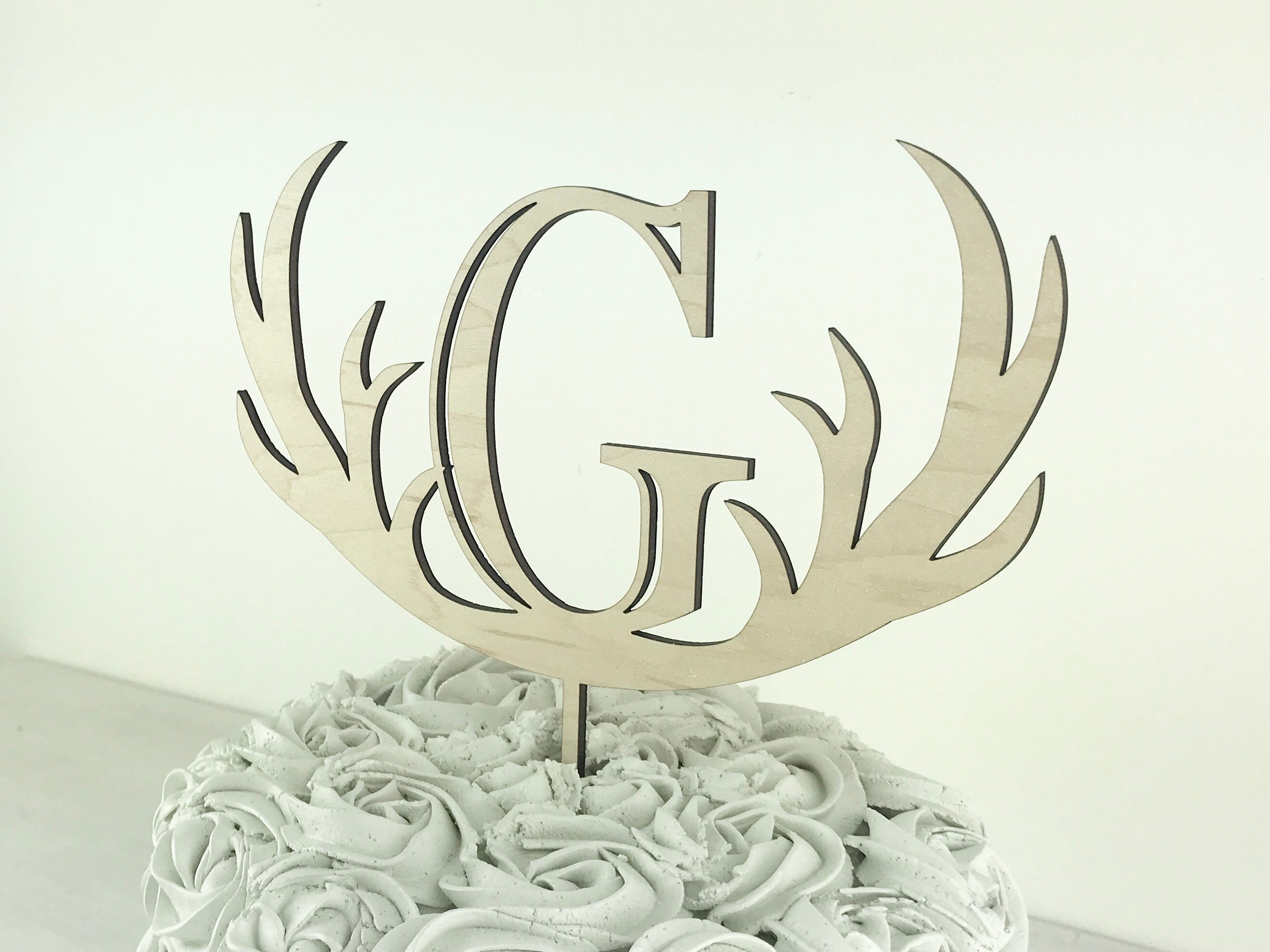 Antler Cake Topper, Wood Monogram Wedding Cake Pick, Rustic Deer ...