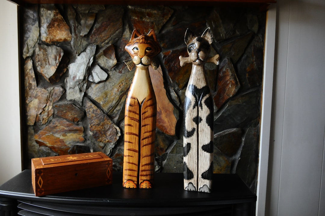 Pier One Wooden Dog With Bone/wooden Cat With Fish/cat and Dog Set ...