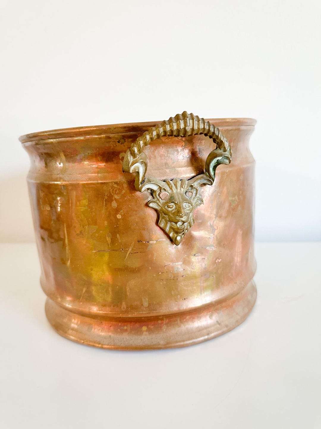 Vintage Round Copper Planter With Brass Handles and Lion Motif - Etsy