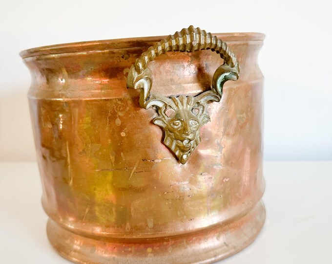 Vintage Round Copper Planter With Brass Handles and Lion Motif - Etsy
