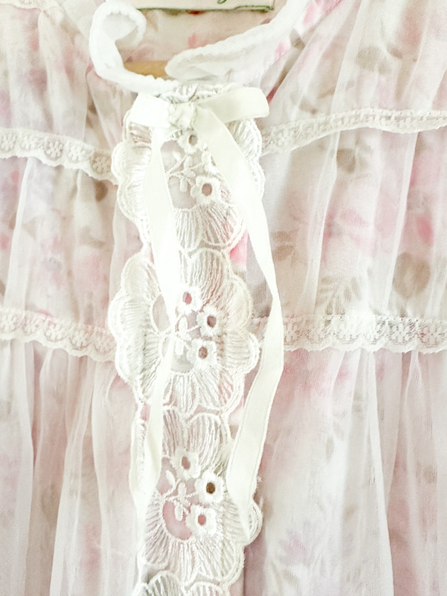 Vintage Pink Floral Duster/nightgown With Sheer Overlay and Ruffled ...
