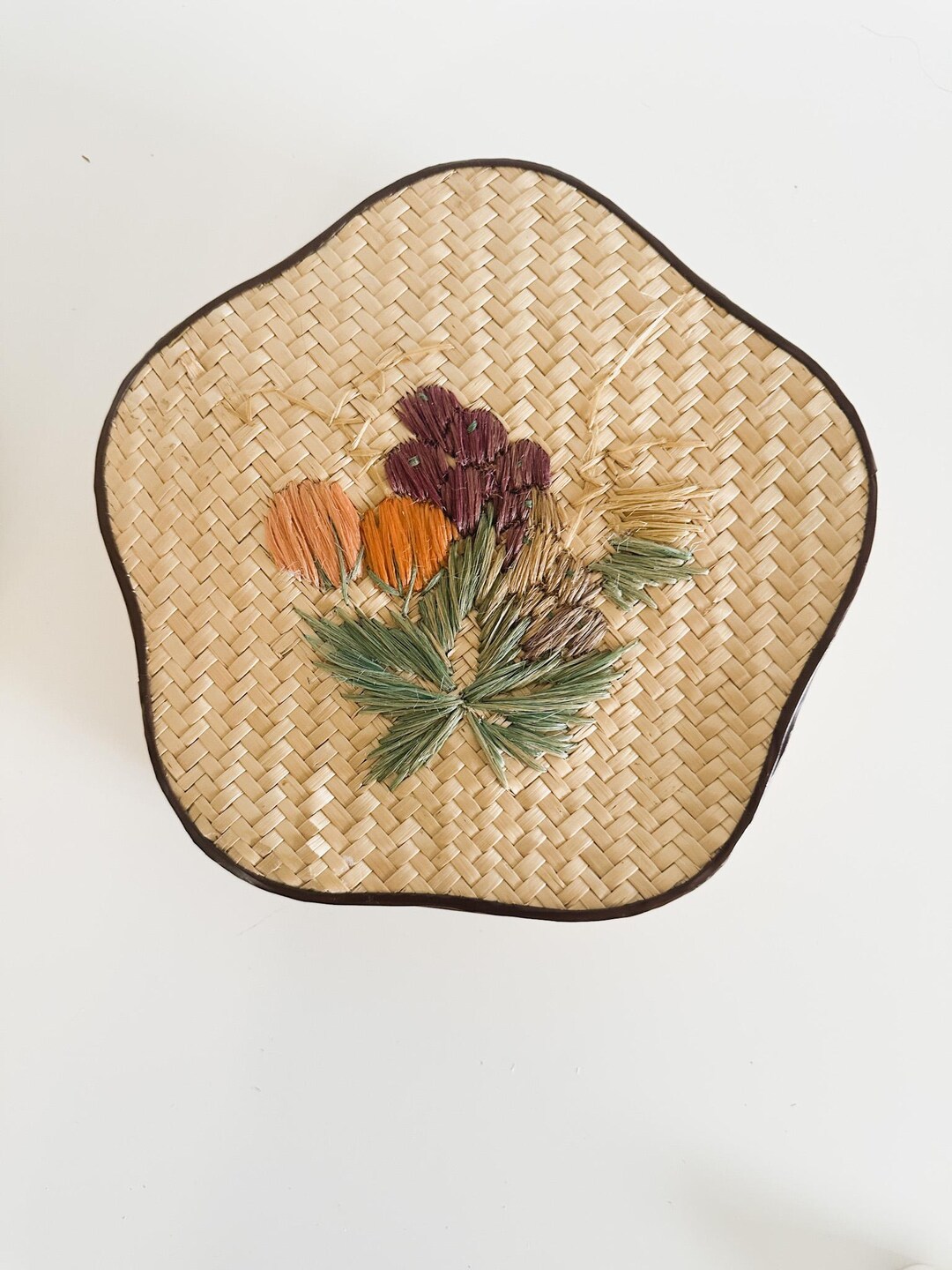 Vintage Straw Storage Fabric Lined. Box With Brown Piping| Vintage ...