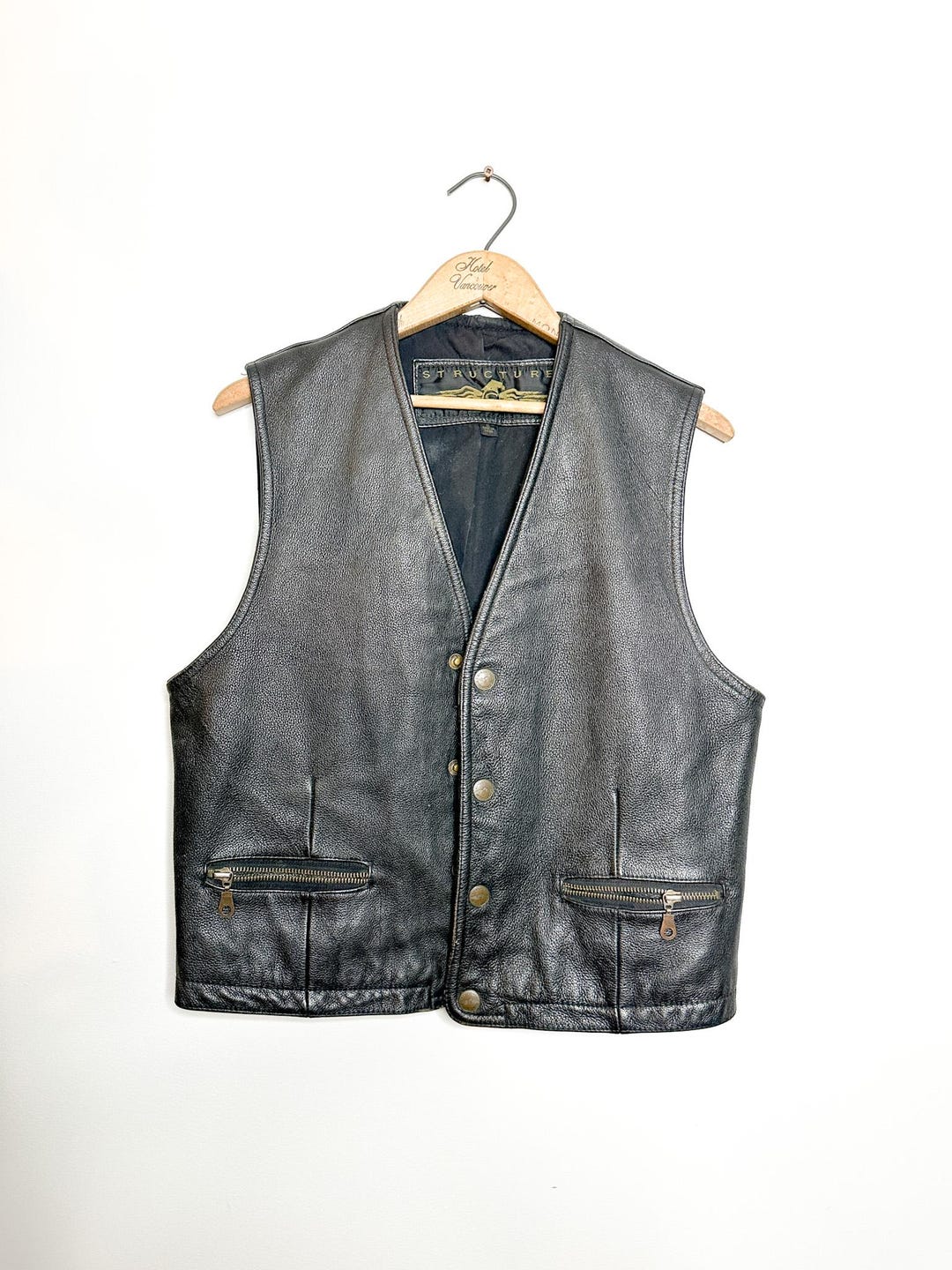Vintage Structure Leather Vest With Snap Closure and Zipped Pockets | S ...