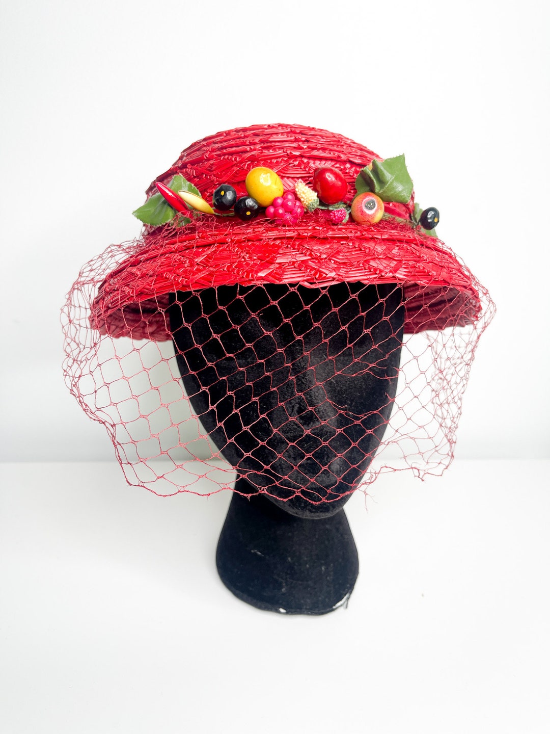 Vintage Red Summer Hat With Vine of Artificial Fruit | Vintage Church ...