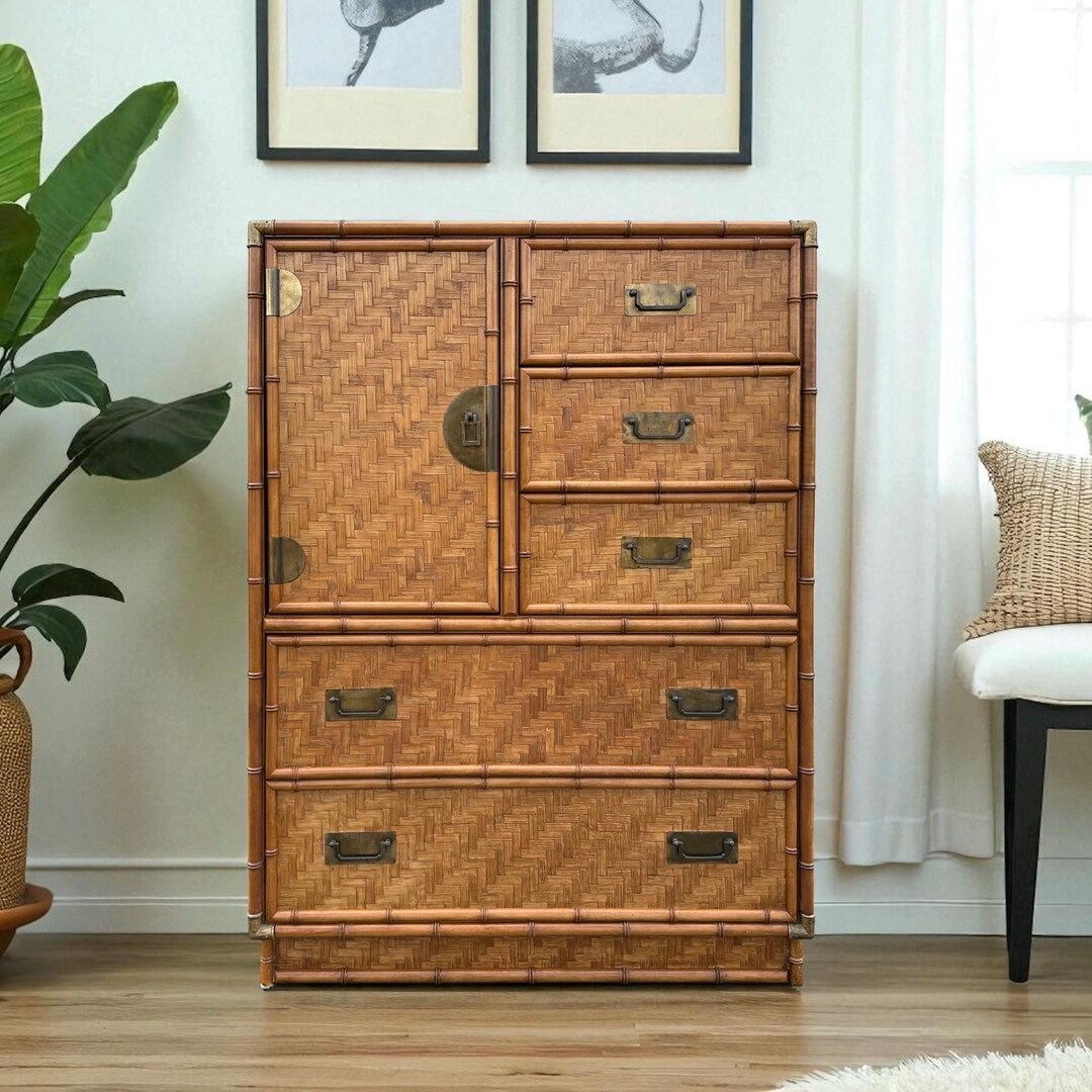 Rattan Armoire Dresser by Dixie With Faux Bamboo, Woven Herringbone ...