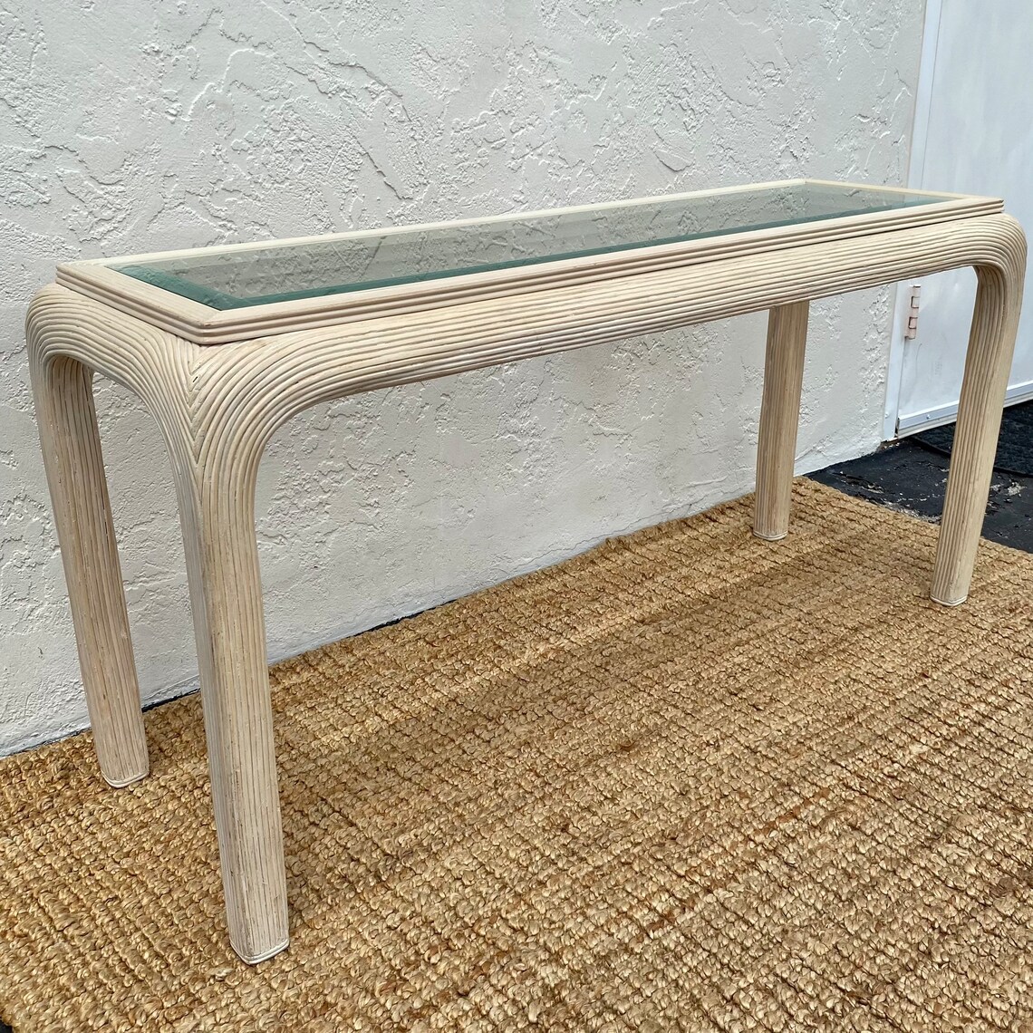 Pencil Reed Console Table With Waterfall Edges & Beveled Glass - Etsy