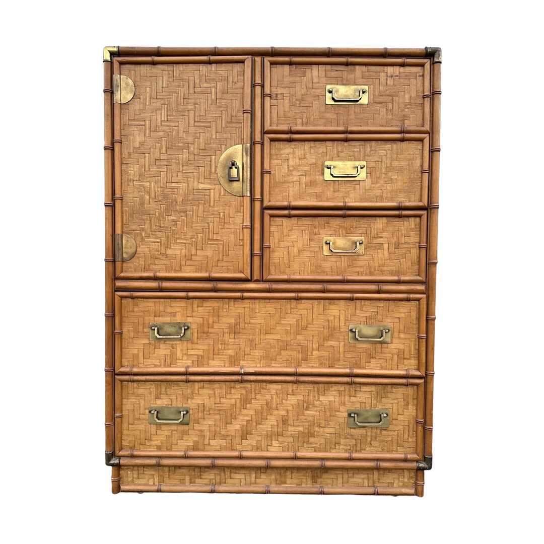 Rattan Armoire Dresser by Dixie With Faux Bamboo, Woven Herringbone ...