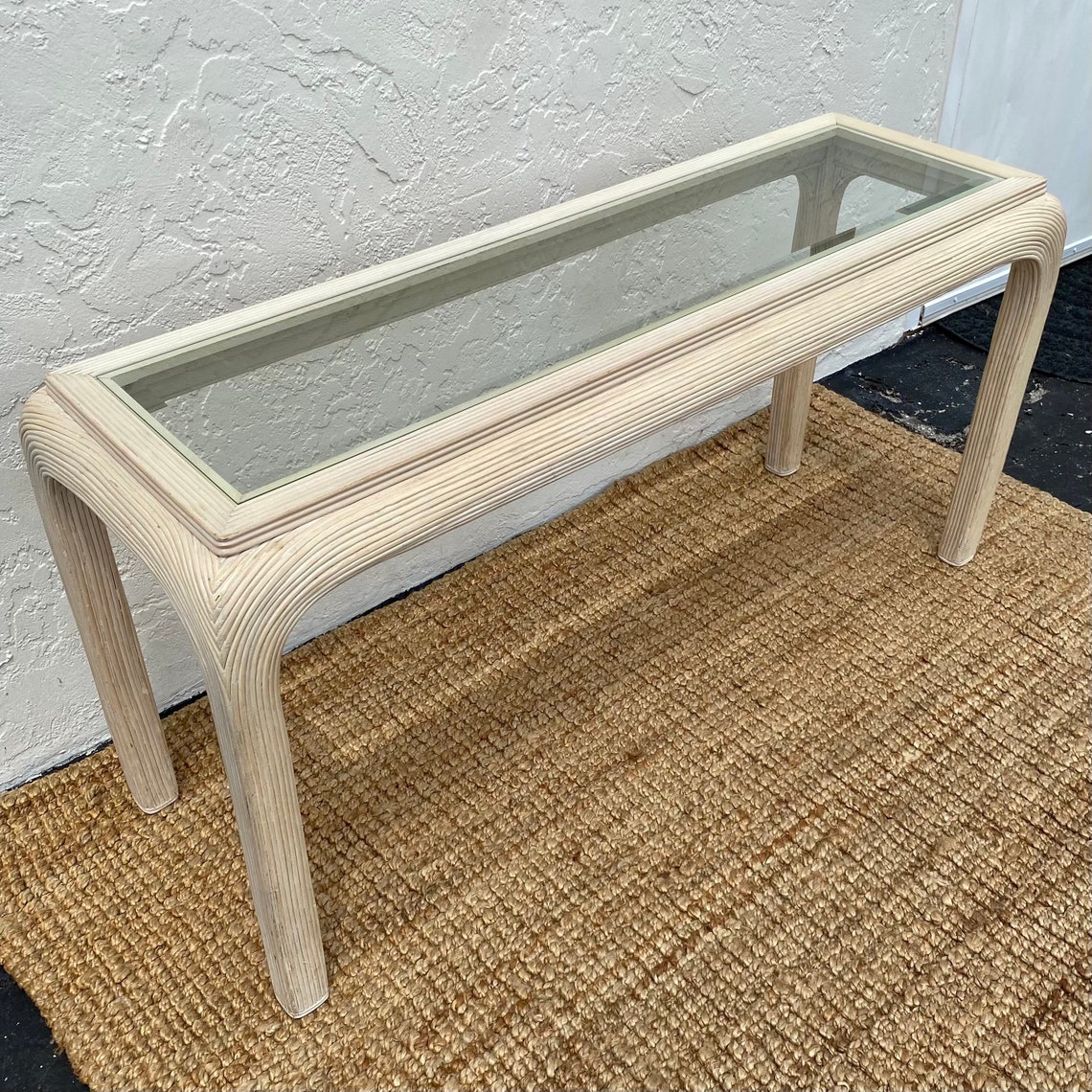 Pencil Reed Console Table With Waterfall Edges & Beveled Glass - Etsy