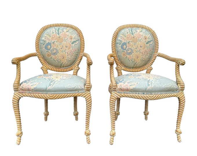 Twisted Rope Chairs With Carved Wood & Tassel Knot - Set of 2 Vintage ...