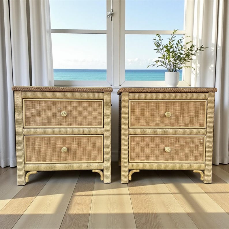 Henry Link Wicker Nightstands Pair - Set of 2 Vintage Natural Rattan ...
