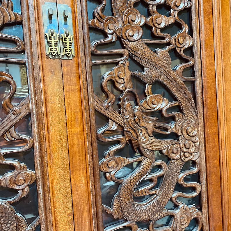 Vintage Rosewood China Cabinet - Hand Carved Fire Dragons, Asian Brass ...