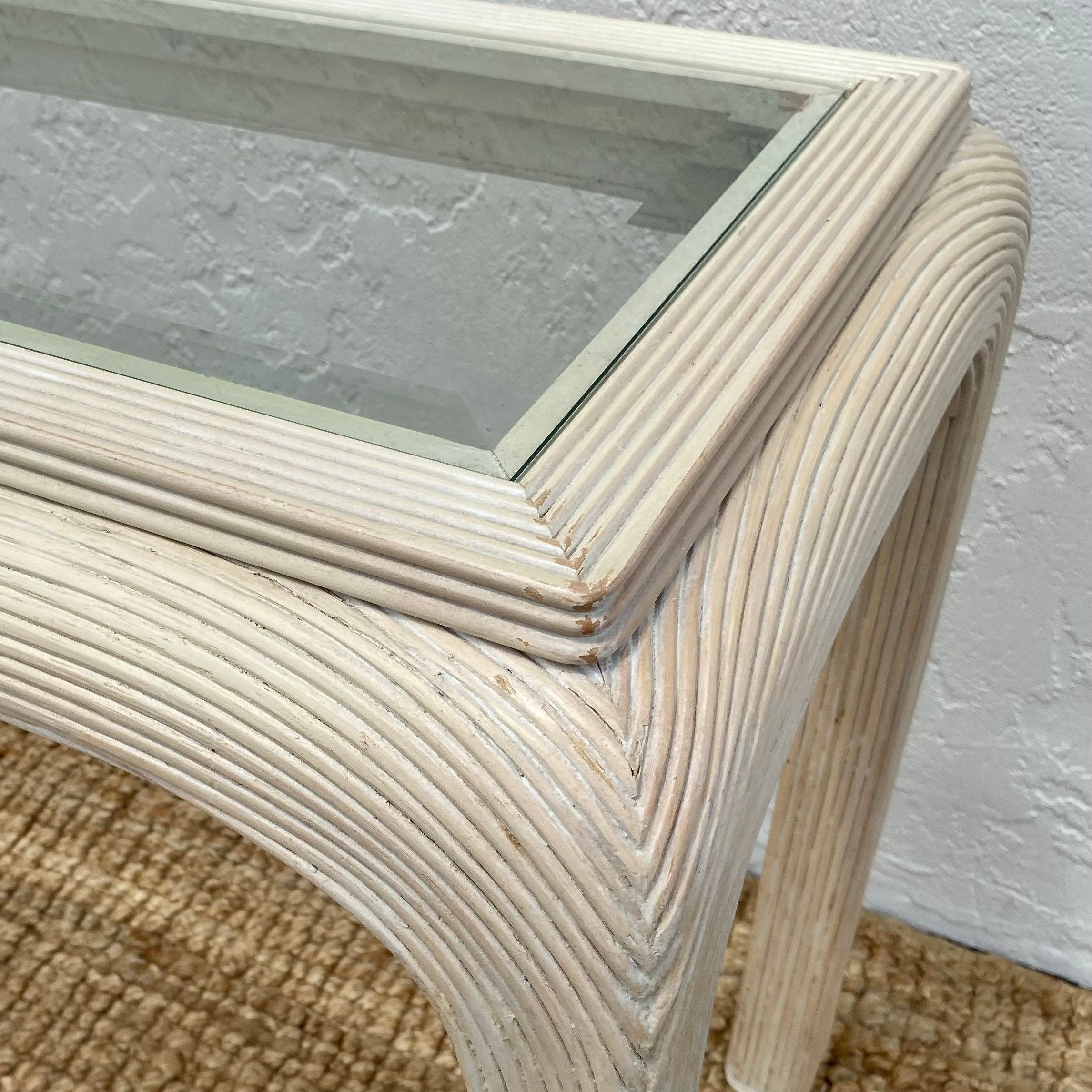 Pencil Reed Console Table With Waterfall Edges & Beveled Glass - Etsy