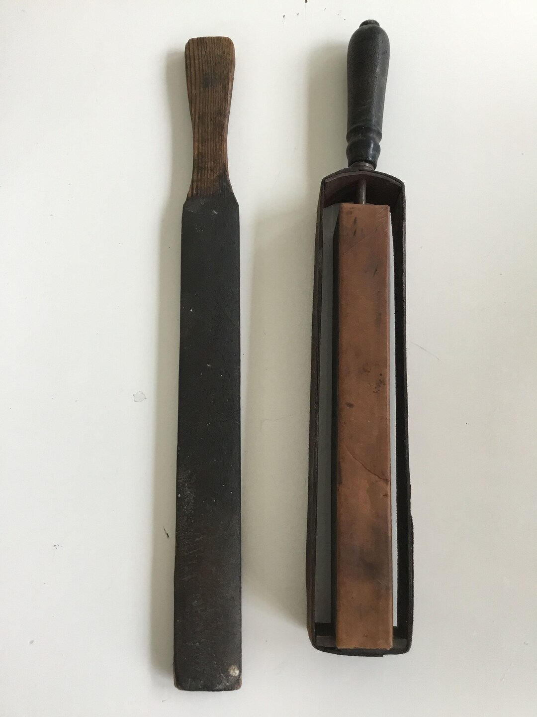 Two Antique Leather and Wood Razor Strops, Antique Barbers Sharpening ...
