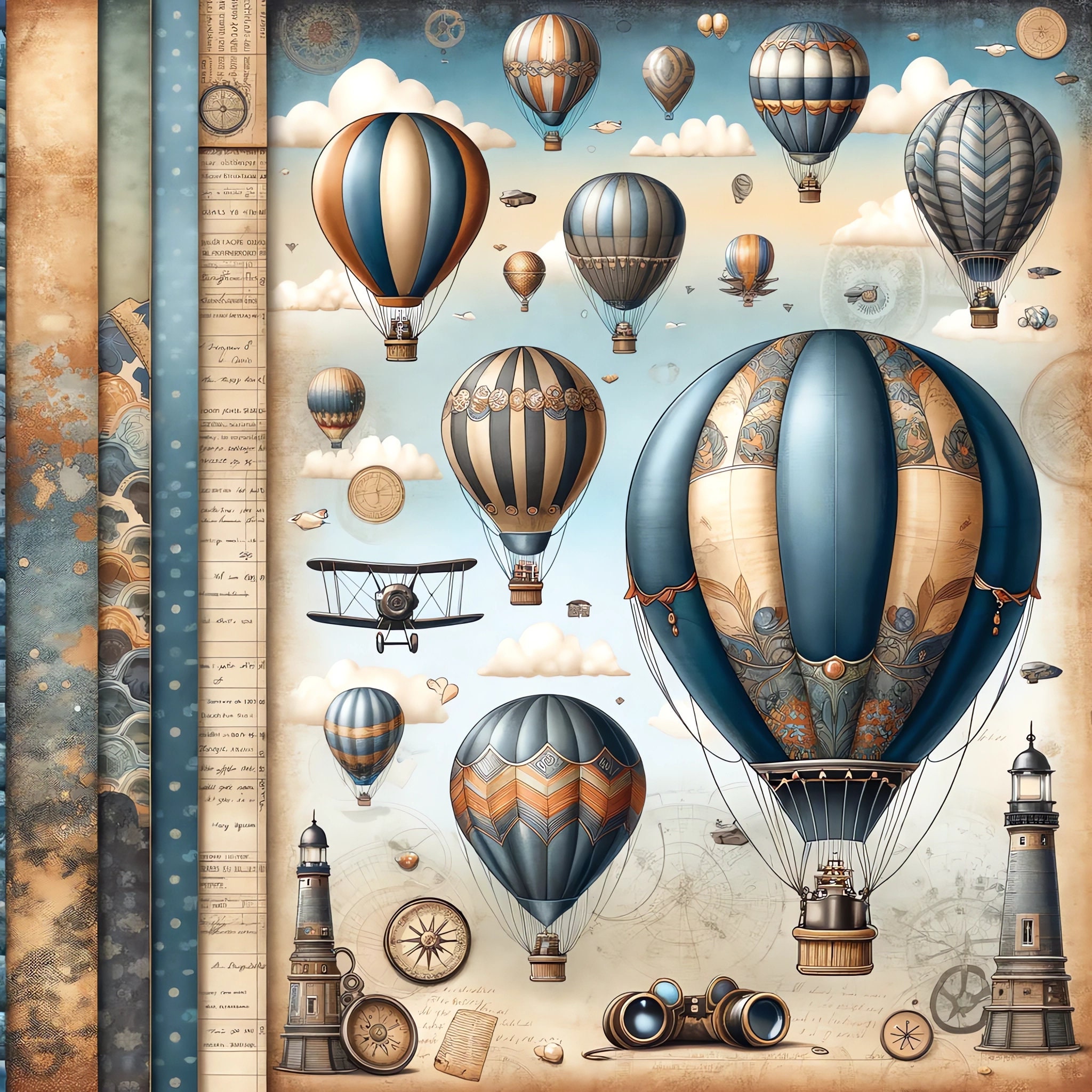 30 Vintage Travel Scrapbook Paper Designs-hot Air Balloons-12x12 ...