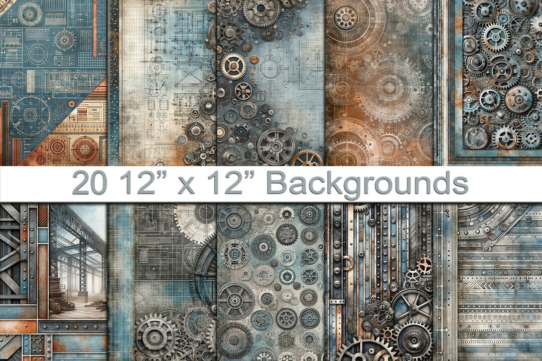 Vintage Blueprint & Rust Paper Pack - 20 Sheets, 12"x12", Digital ...