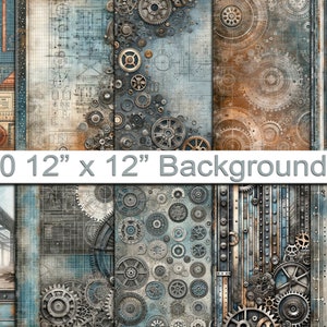 Vintage Blueprint & Rust Paper Pack - 20 Sheets, 12"x12", Digital ...
