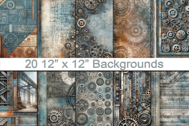 Vintage Blueprint & Rust Paper Pack 20 Sheets, 12x12, Digital Wallpaper ...