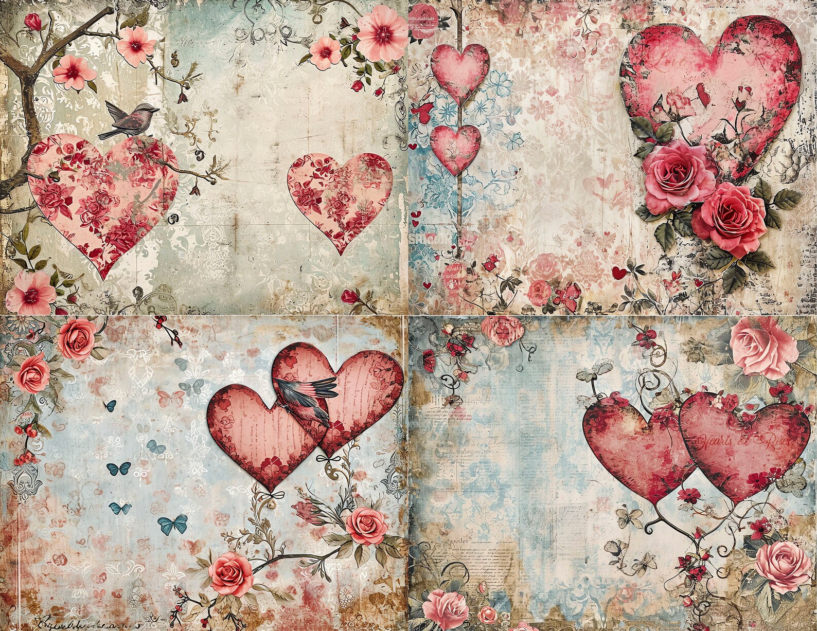 Vintage-inspired Rose and Heart Journal Pages - Printable 11x8.5 Paper ...