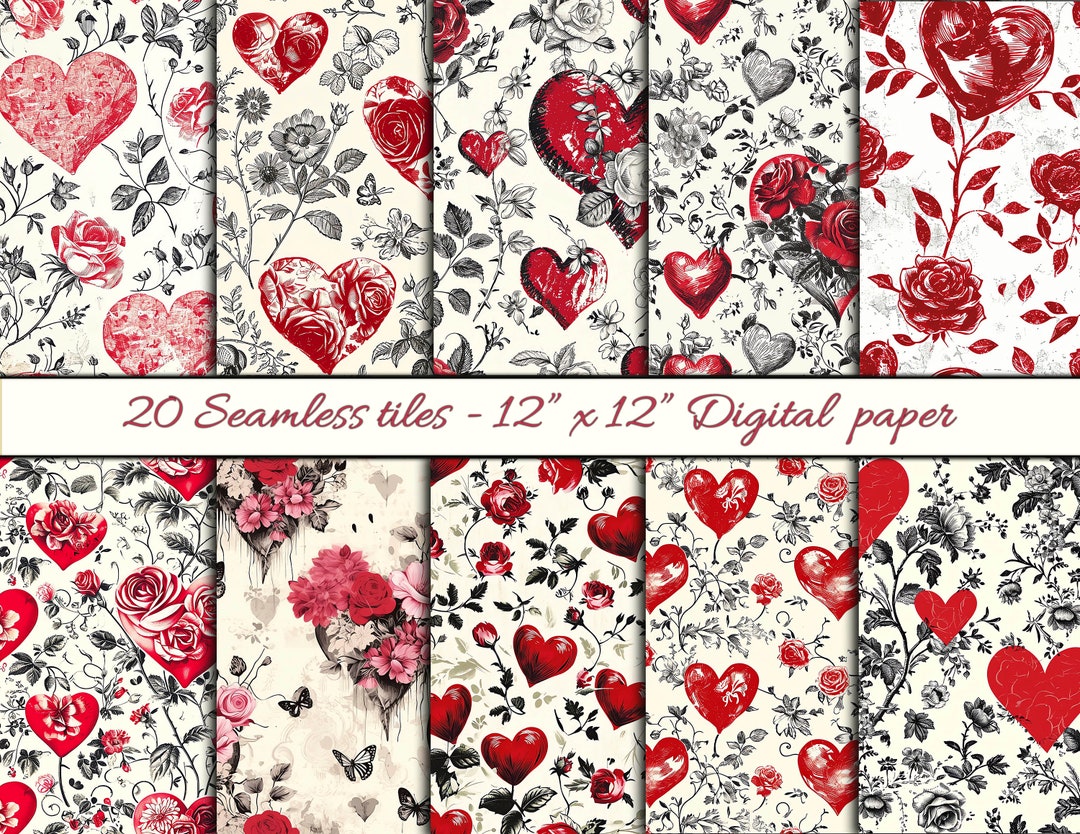 Vintage Heart Seamless Digital Paper Pack, Scrapbook Tiles, Grunge Love ...