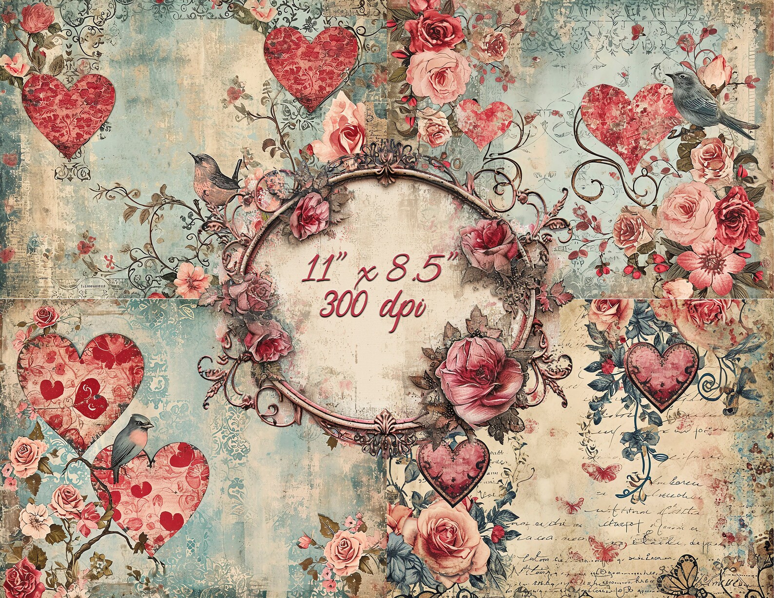 Vintage-inspired Rose and Heart Journal Pages - Printable 11x8.5 Paper ...