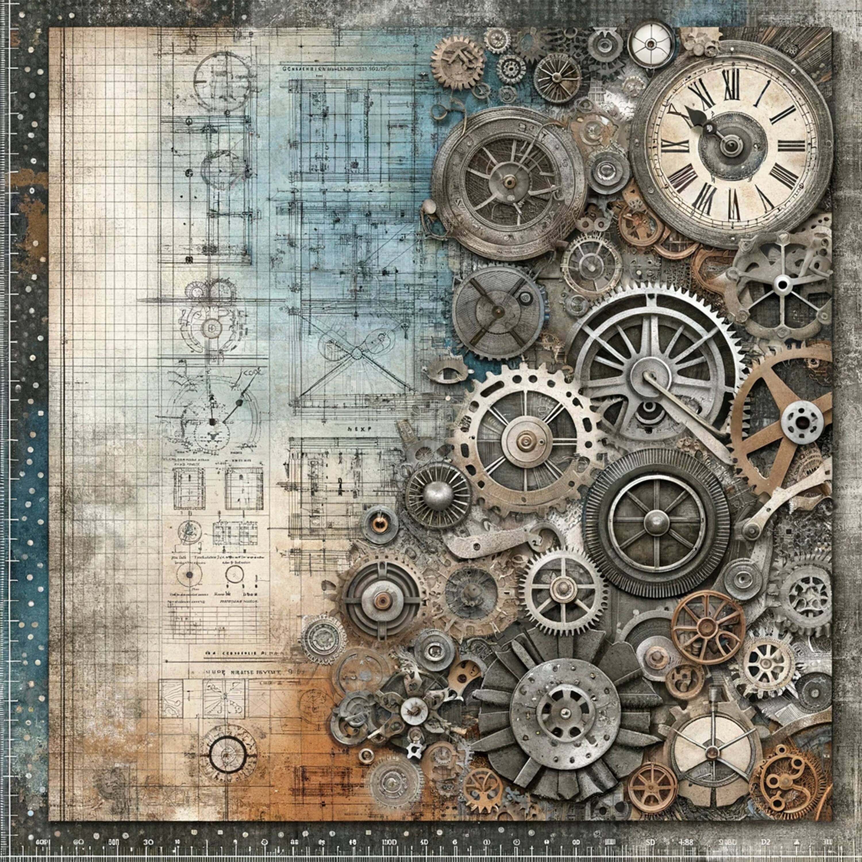 Vintage Blueprint & Rust Paper Pack 20 Sheets, 12x12, Digital Wallpaper ...