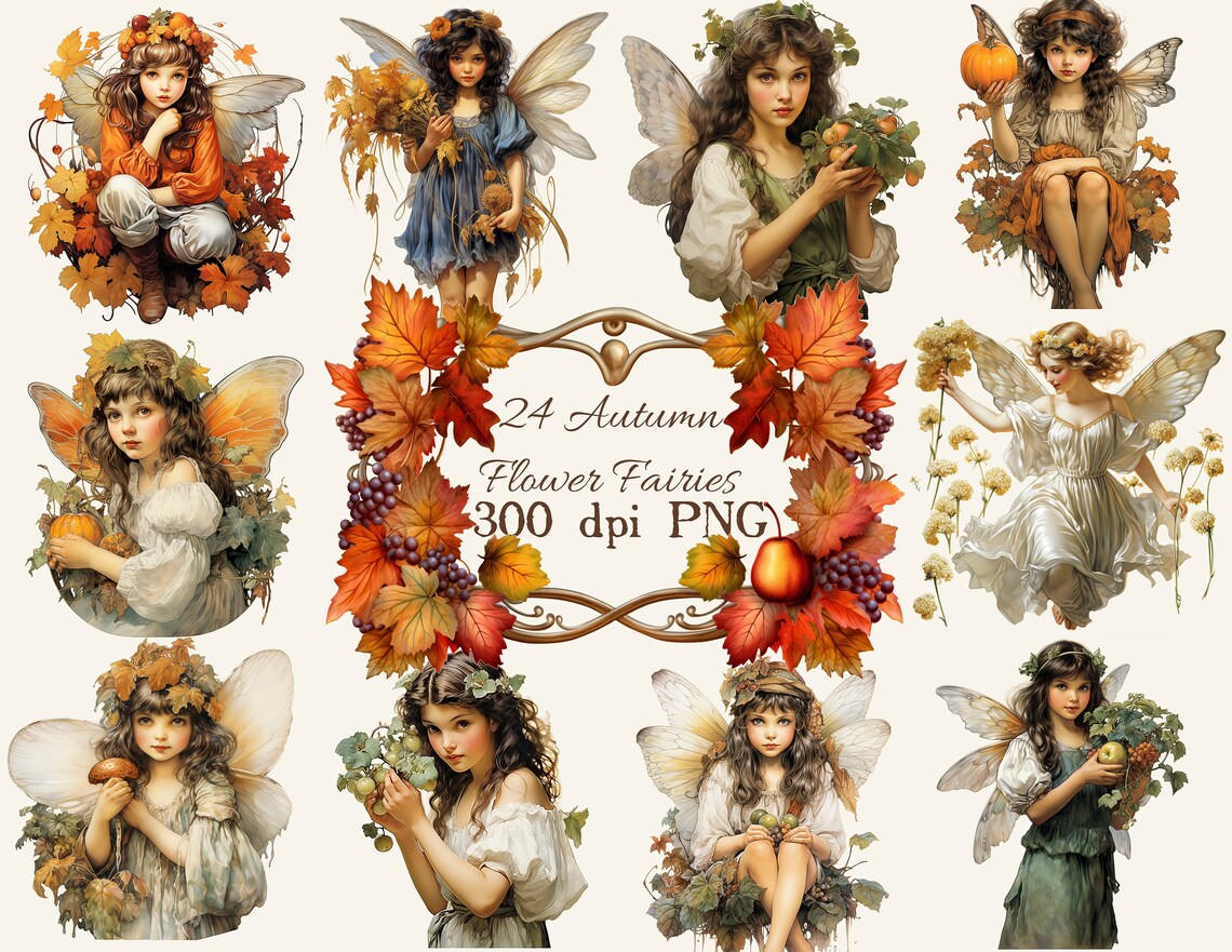 Autumn Flower Fairies Clipart - 24 PNG Files - Fall Fairies, Autumn ...