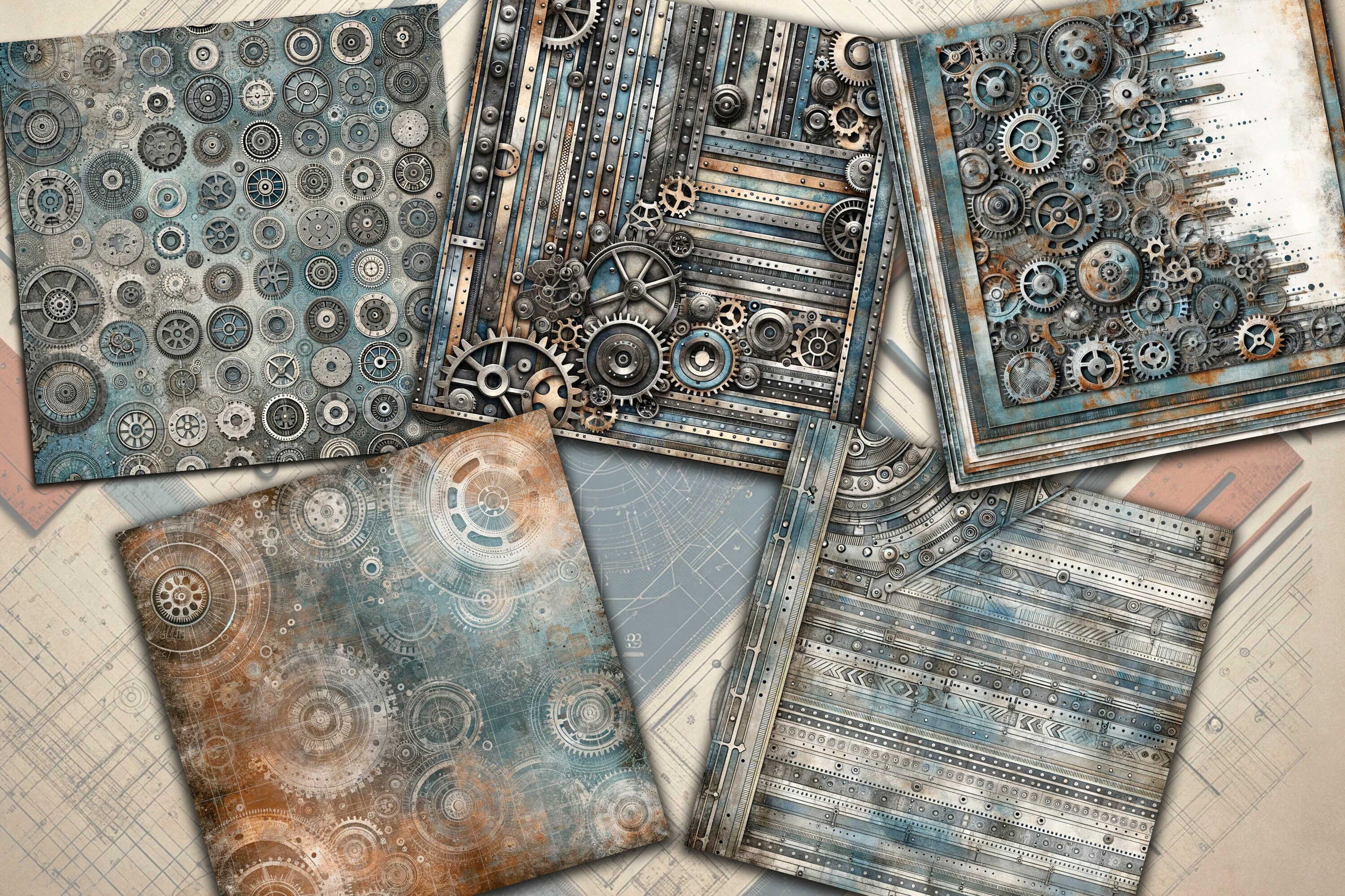 Vintage Blueprint & Rust Paper Pack 20 Sheets, 12x12, Digital Wallpaper ...