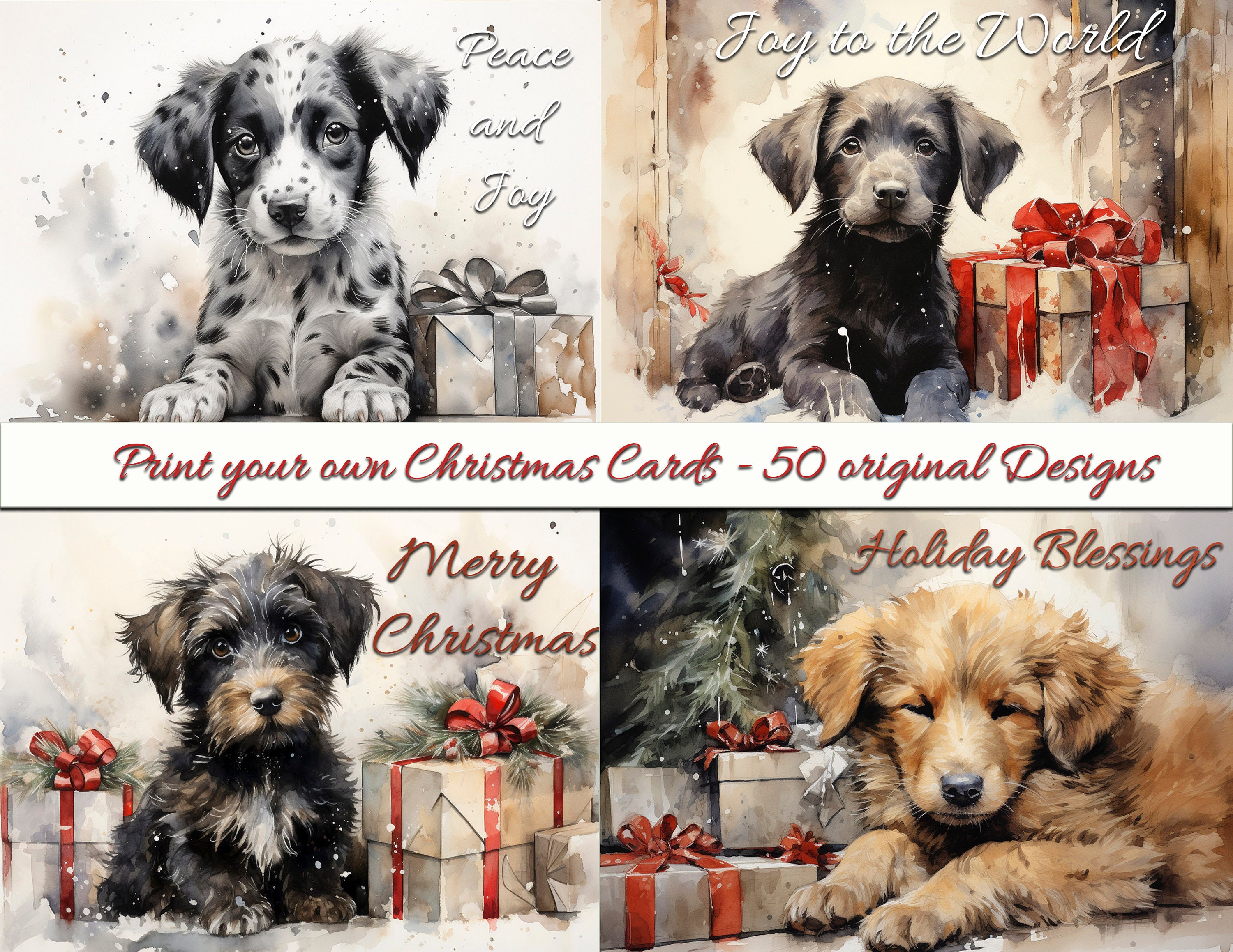 50 Printable Dog Christmas Cards - All Original Artwork - Cute Winter ...