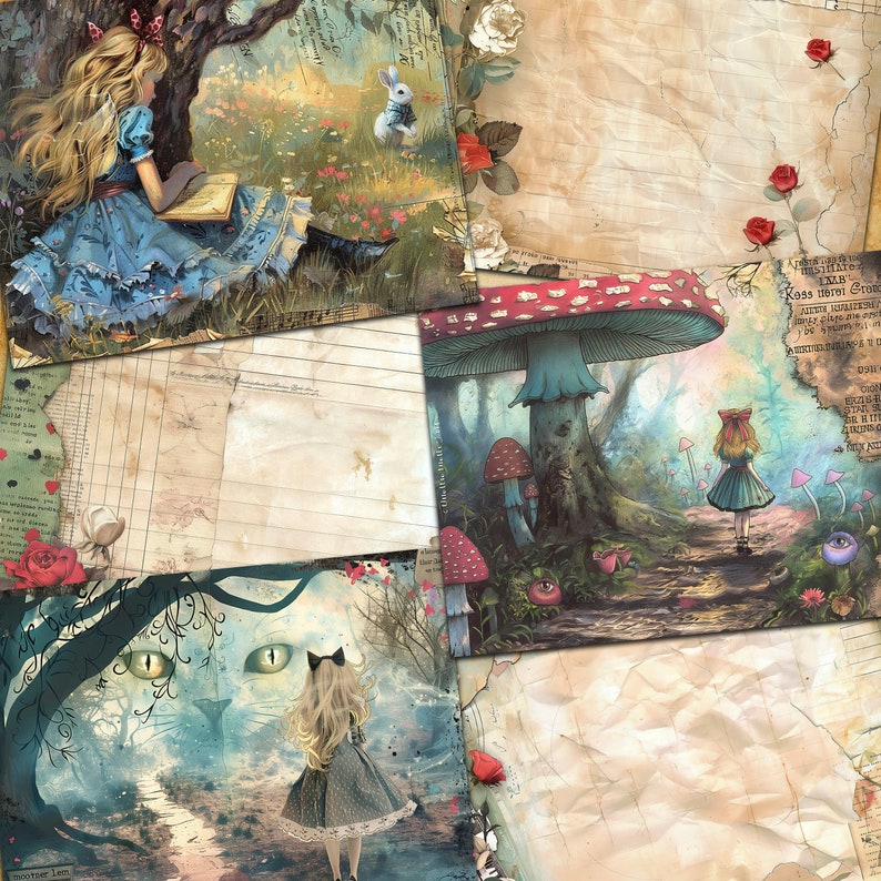 Alice in Wonderland Junk Journal Kit, Vintage Fantasy Scrapbook ...