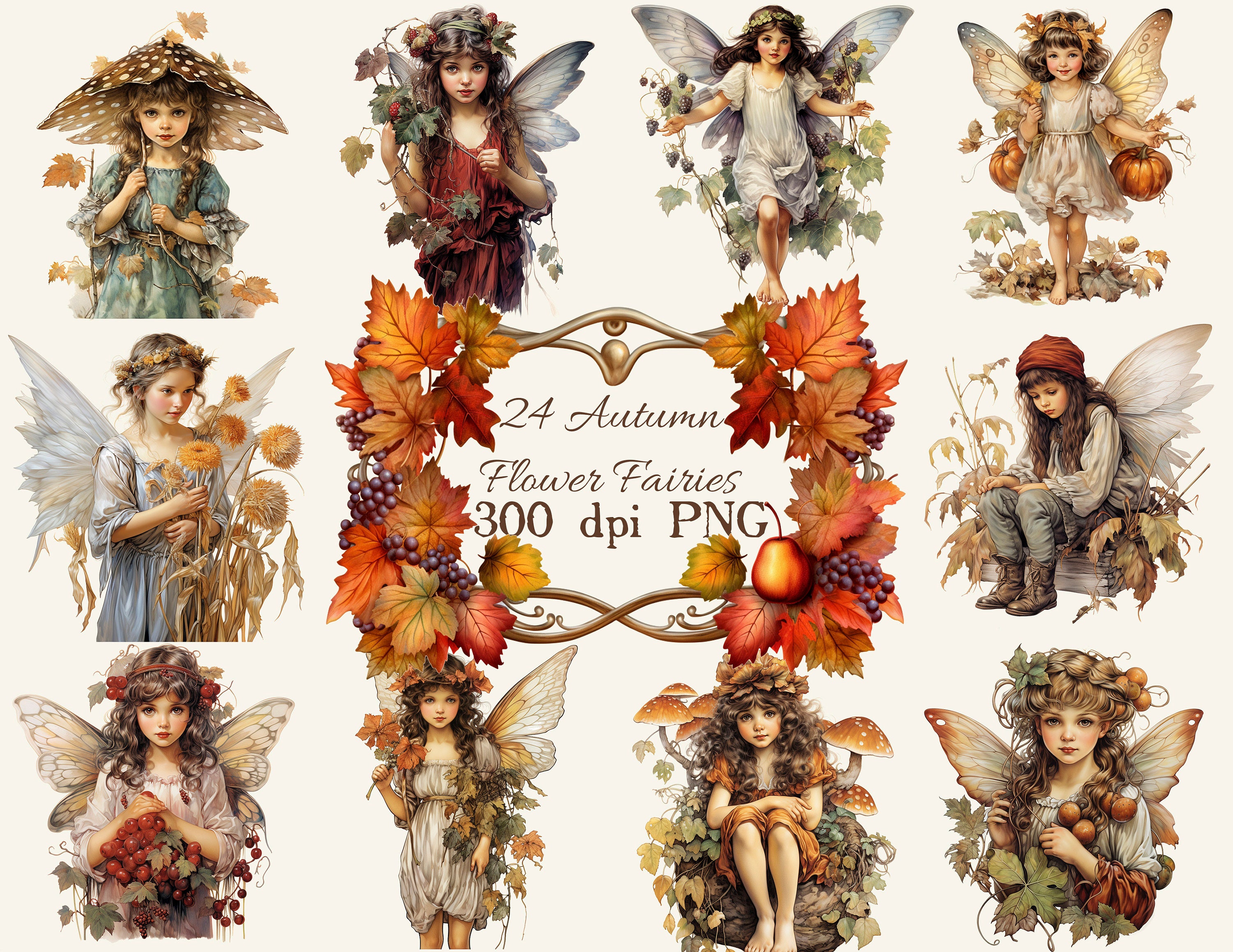 Autumn Flower Fairies Clipart - 24 PNG Files - Fall Fairies, Autumn ...