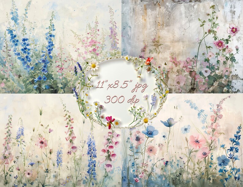 Watercolor Wildflower Meadow Paper, Vintage Spring Journal Pages ...