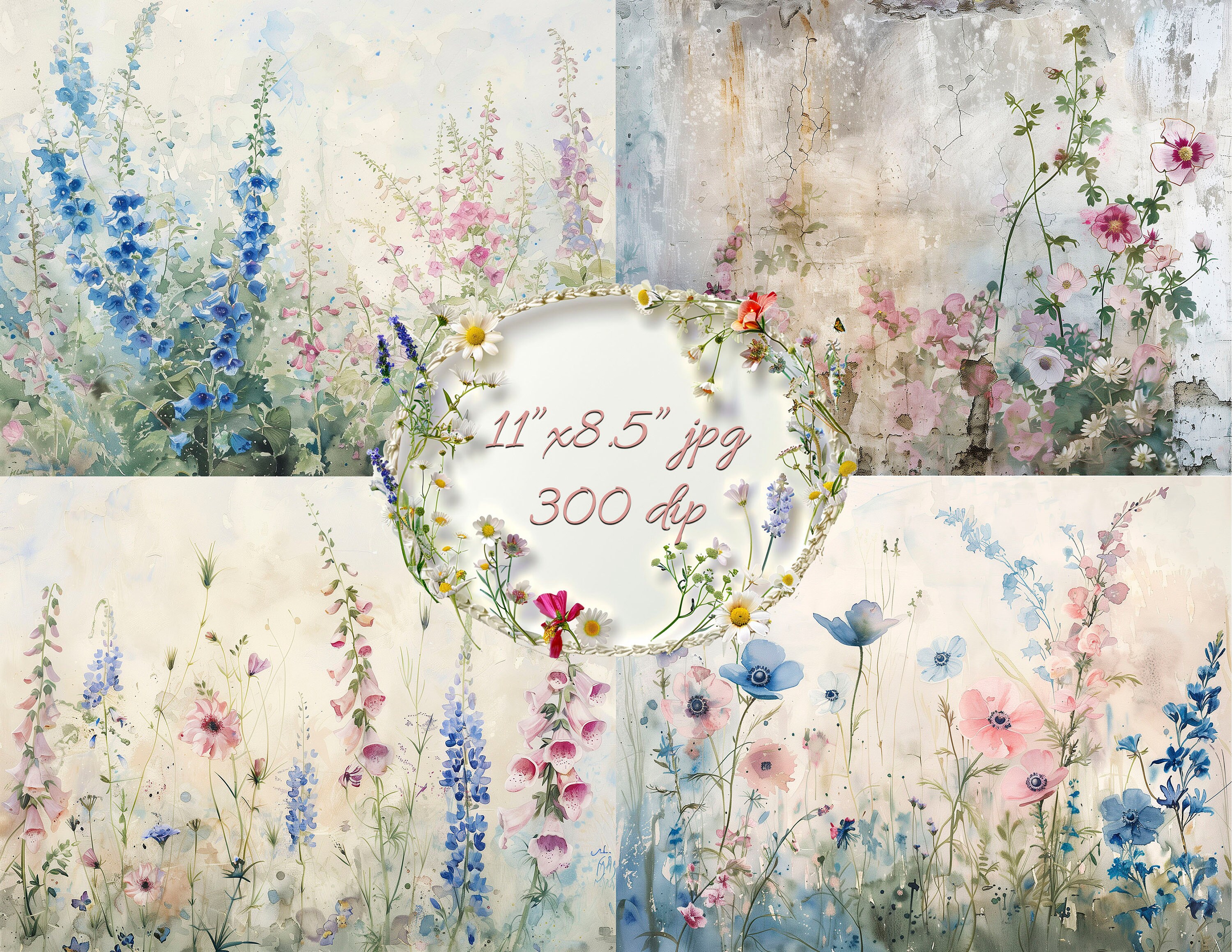 Watercolour Wildflower Meadow Paper Pack, Vintage Flowers Spring Junk ...