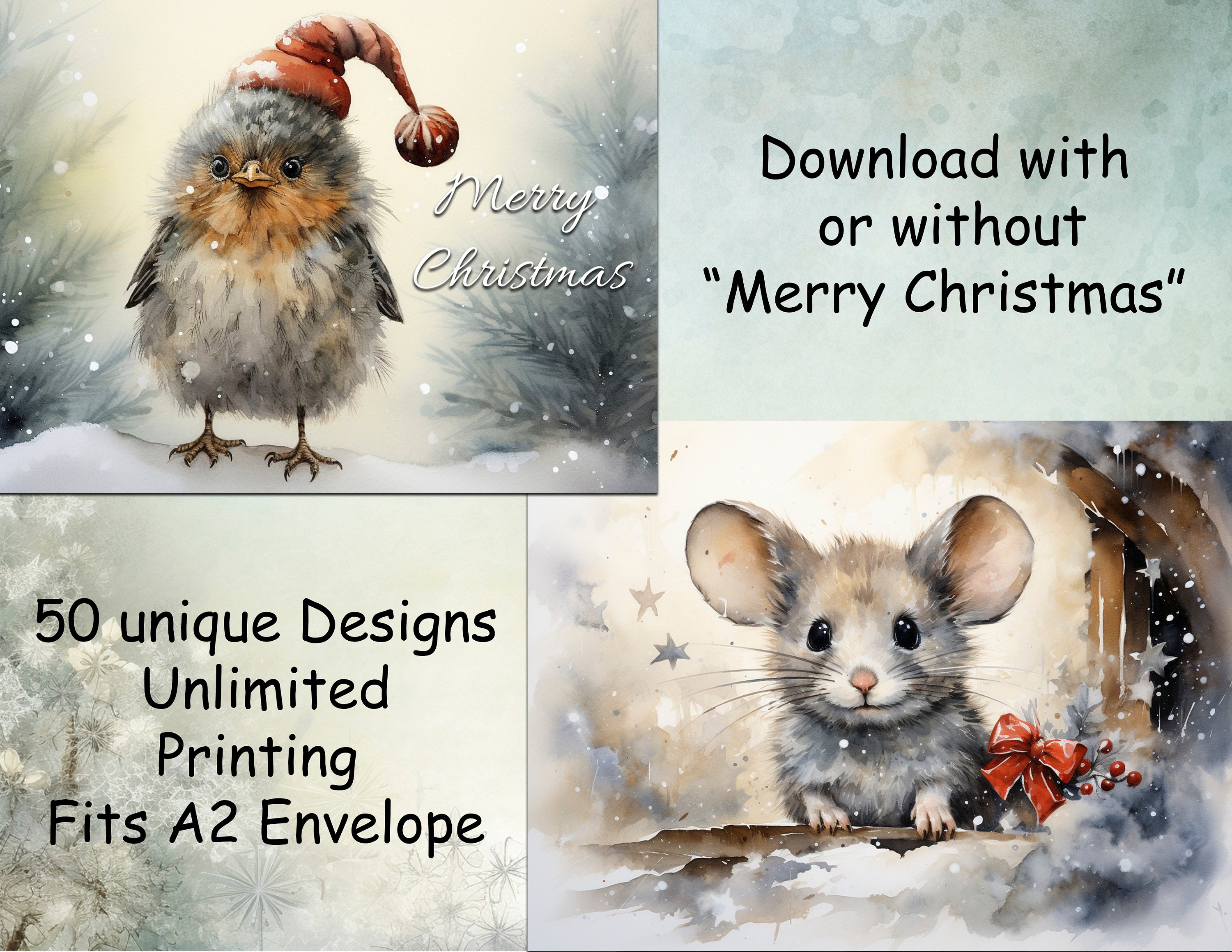 50 Printable Christmas Cards - All Original Artwork - Cute Winter ...