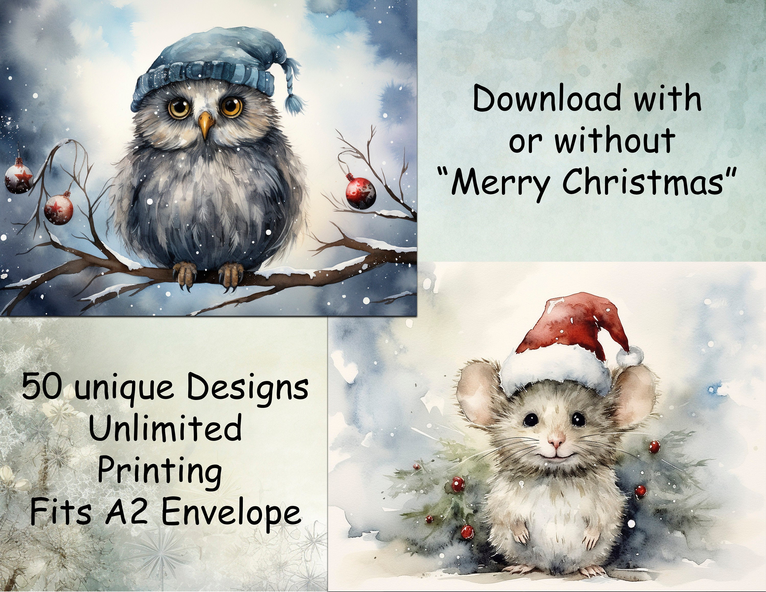 50 Printable Christmas Cards - All Original Artwork - Cute Winter ...