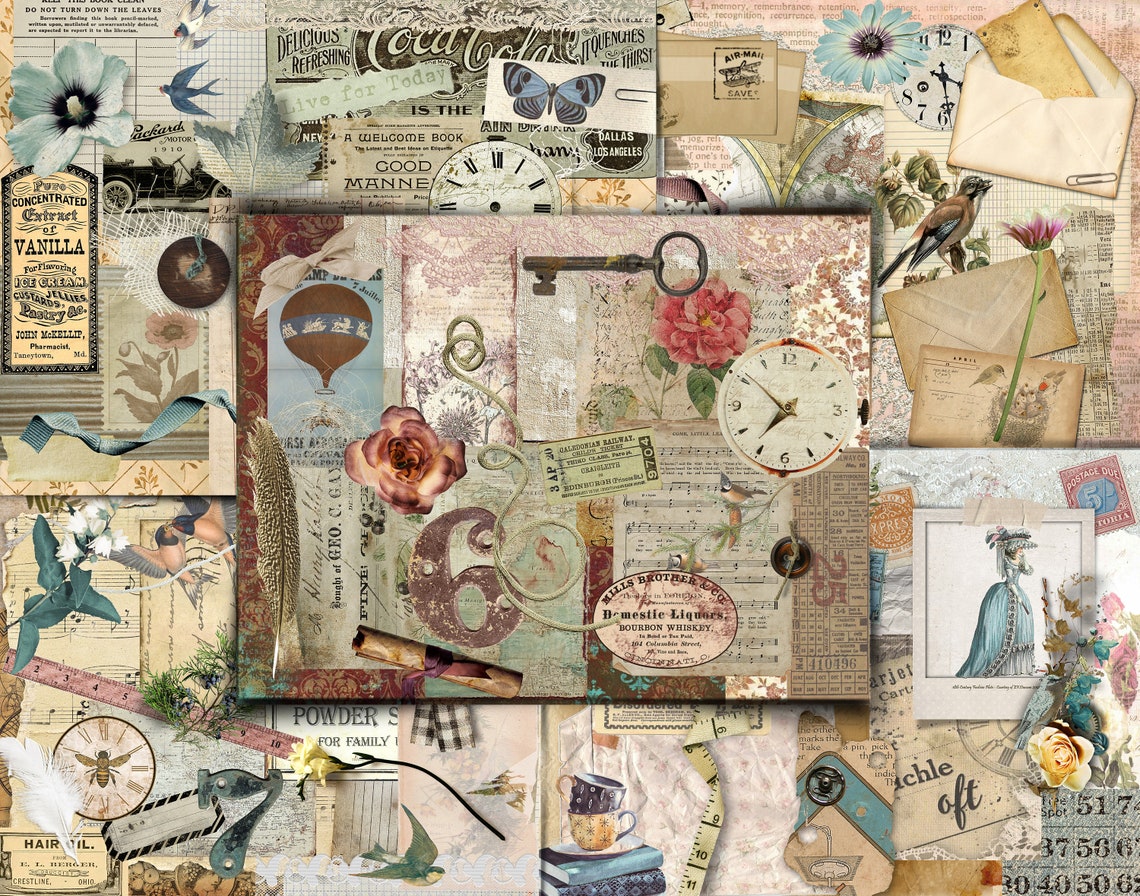 Collage Printable Papers – Vintage Ephemera, Junk Journal Kit (digital ...