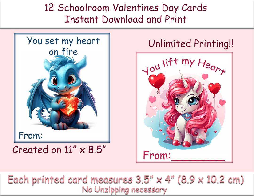 Printable Valentine's Cards for Classroom - Unicorn & Dragon Gift Cards ...