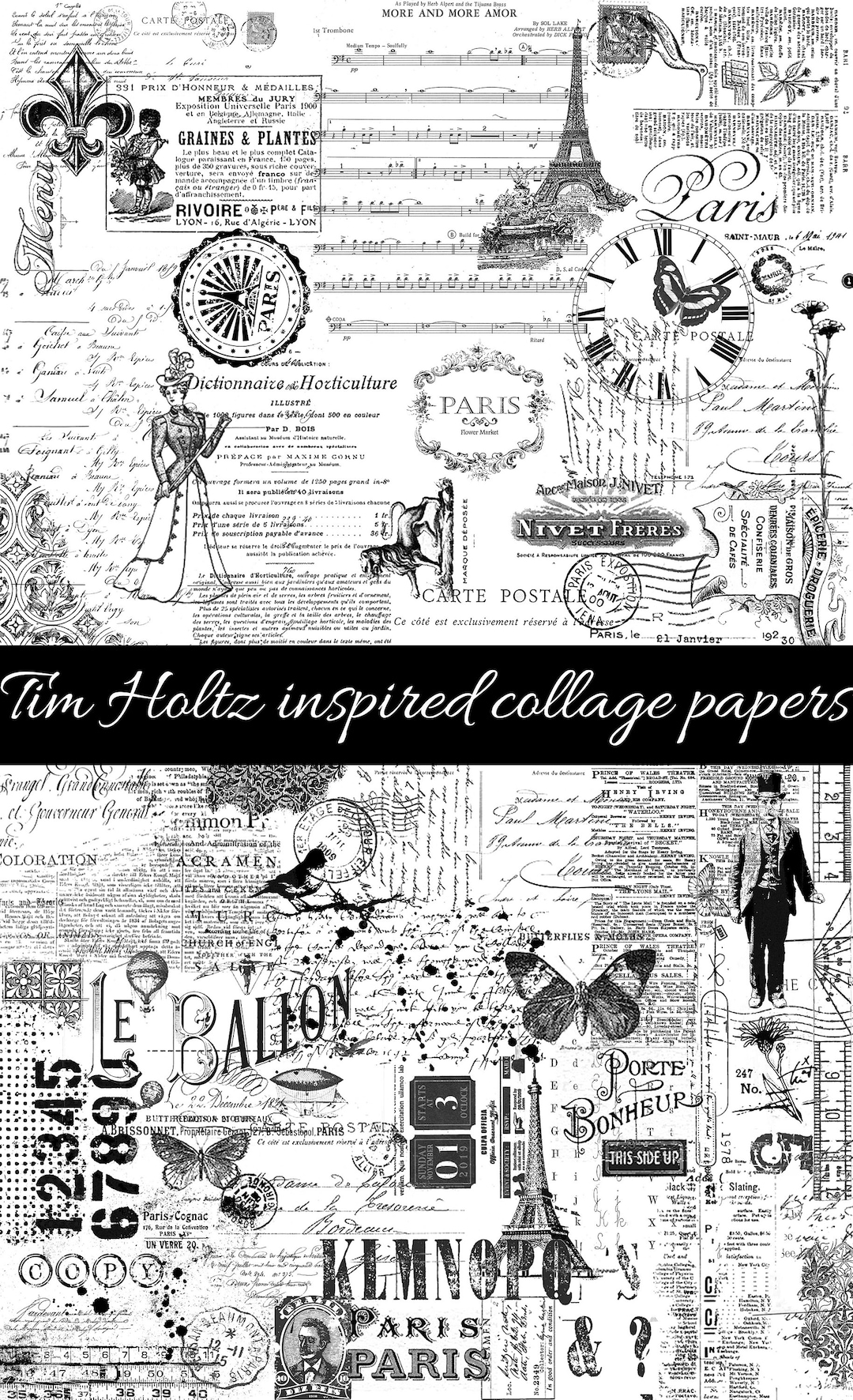 Black and White Printable Decoupage Collage Papers. Great for Printing ...