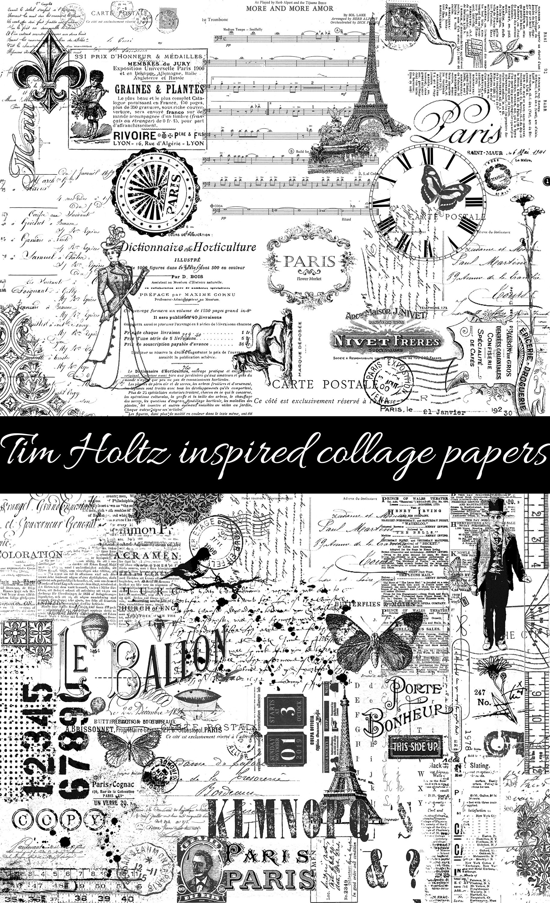 Black and White Printable Decoupage Collage Papers. Great for Printing ...