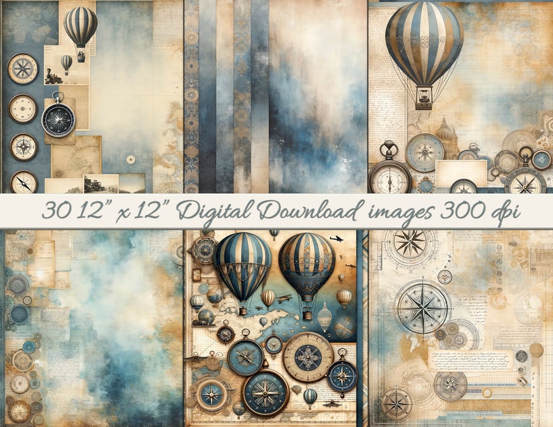 30 Vintage Travel Scrapbook Paper Designs-hot Air Balloons-12x12 ...